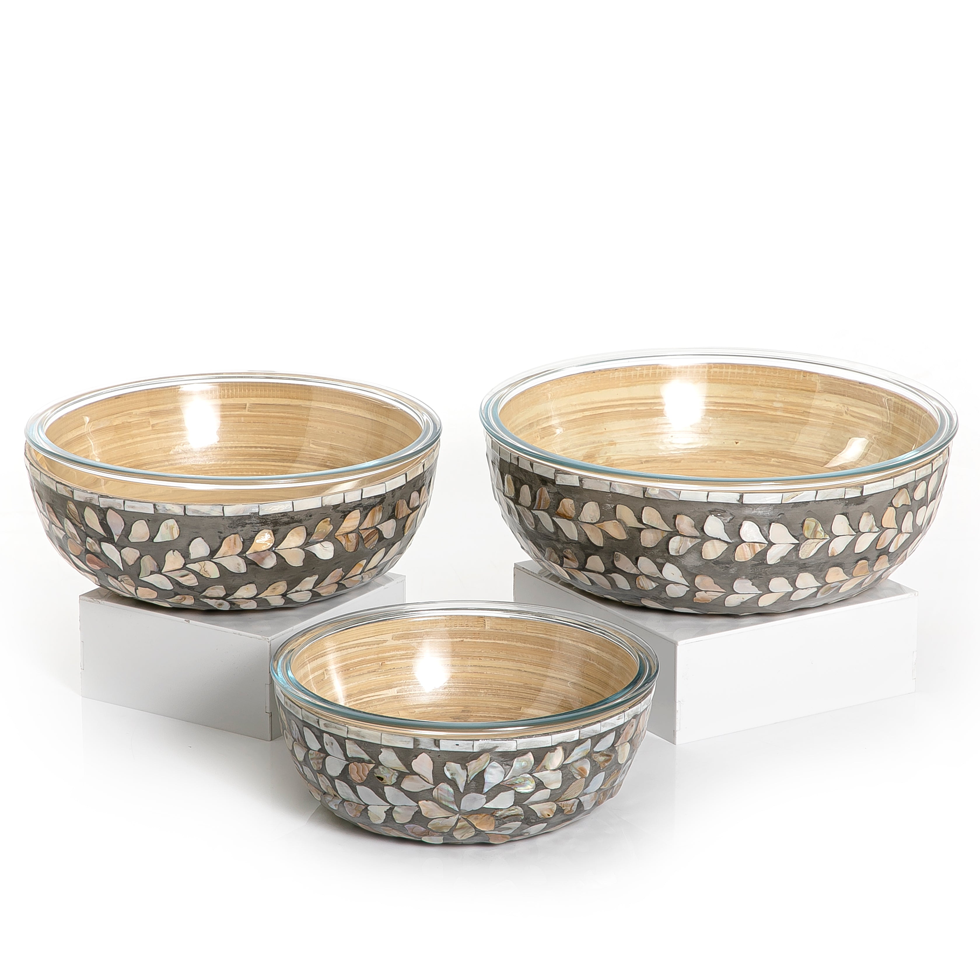 Set of Round Glass Bowls with Mother of Pearl Base &VerticalLine ...